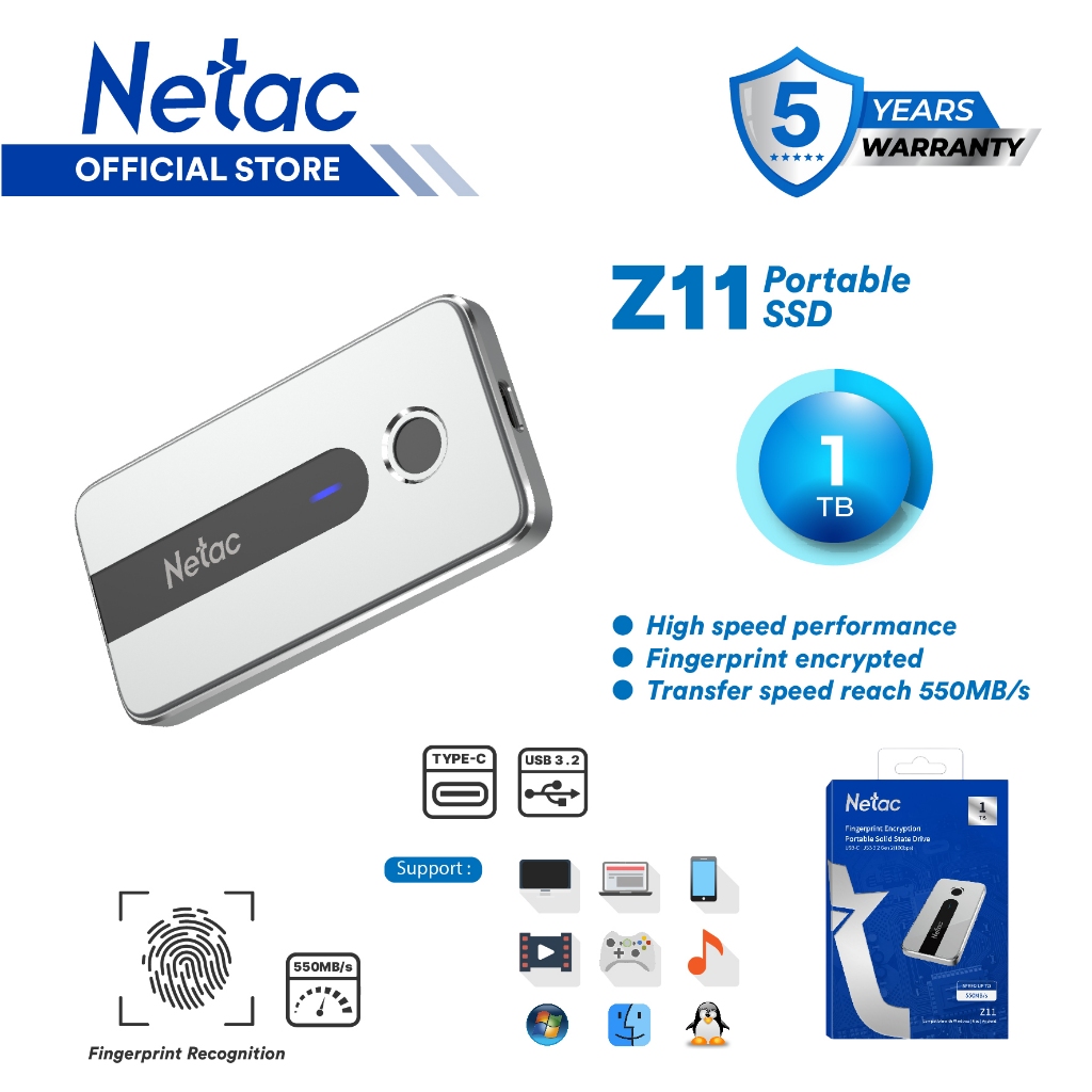 Jual Netac Z11 External Portable SSD 1TB USB 3.2 Gen 2x2 Type-C up to 550MB/s Fingerprint ...