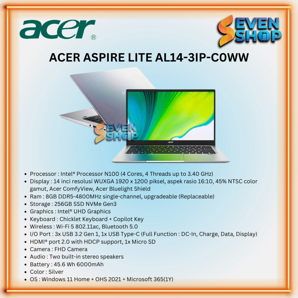 Jual ACER ASPIRE LITE AL14-3IP-C0WW SILVER CORE N100, DDR 8GB, SSD ...