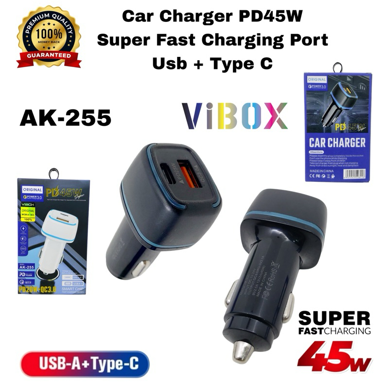 Jual Adapter Car Fast Charger Vibox 45W LED 2Port QC3.0 + PD20W AK-241 ...