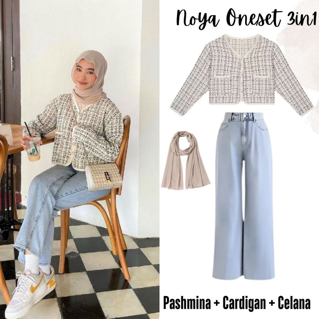 Jual Oneset 3in1 cardigan rajut celana jeans denim pashmina | ootd ...