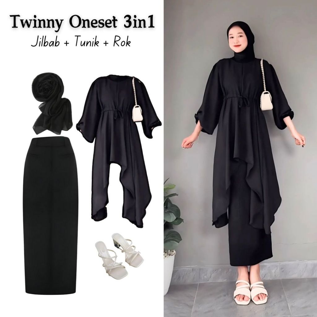 Jual One set 3in1 baju panjang tunik hitam rok span hitam jilbab bella | ootd outfit oneset ...