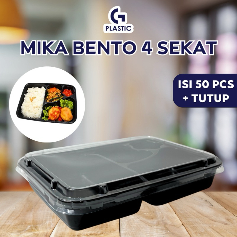 Jual Mika Bento 4 Sekat Isi 50 Pcs + Tutup Warna Hitam - Lunch Box Food ...