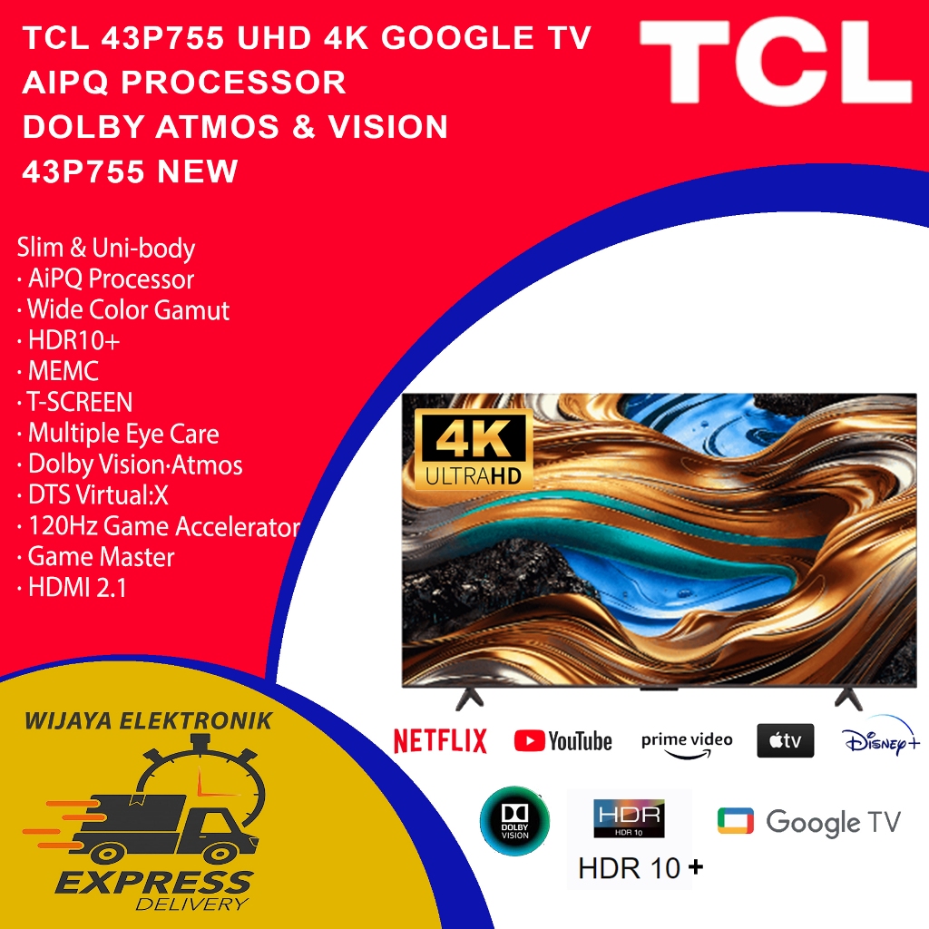 Jual TV TCL 43P755 Uhd 4K Google TV AiPQ Processor Dolbu Atmos & Dolby ...