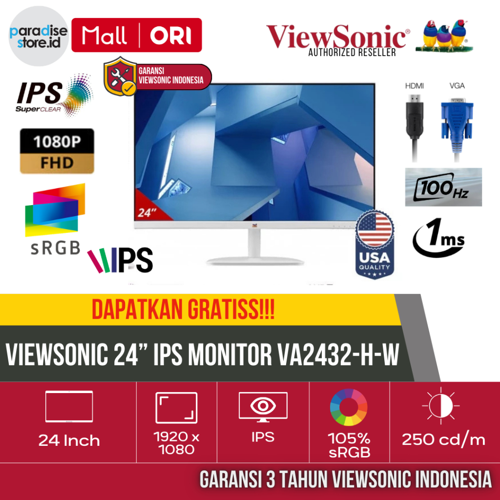 Jual Monitor LED VA2432-H-W ViewSonic 24" IPS Frameless 100hz 1ms FHD ...