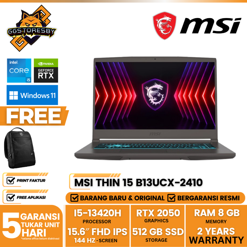 Jual Laptop Msi Thin 15 B13Ucx-2410 | I5-13420H 8/512Gb Rtx2050 15.6"Fhd 144Hz W11 | Shopee ...