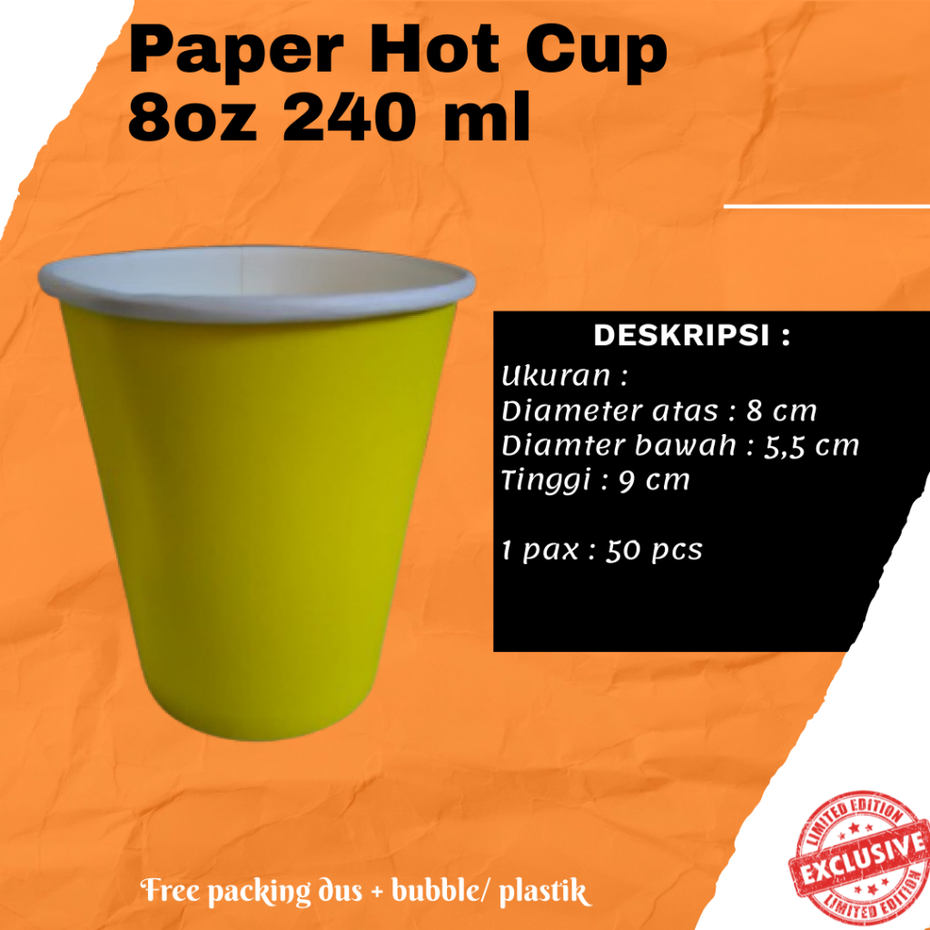 Jual Paper Hot Cup 8 oz 240 ml Gelas Kertas KUNING isi 50 pcs | Shopee Indonesia