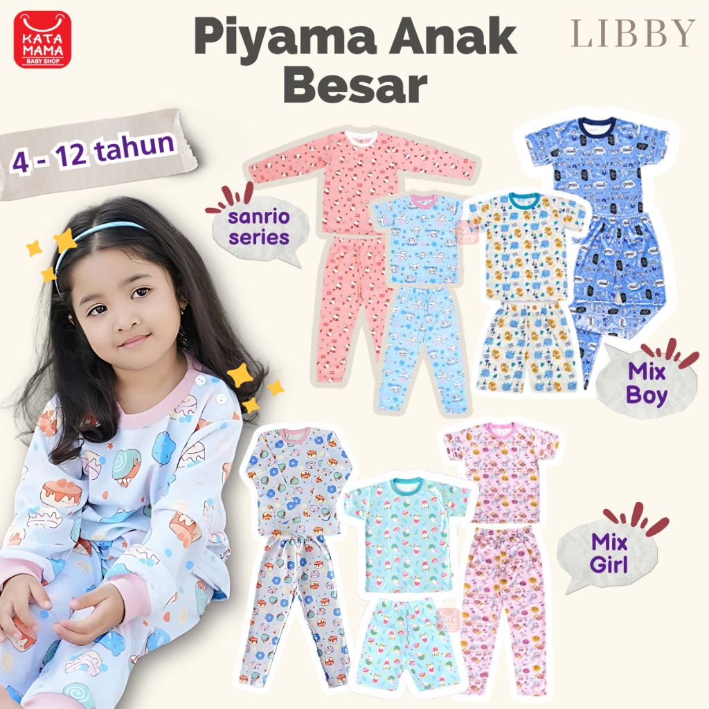 Jual BARUU !! 1 Stel Libby Piyama Anak SANRIO Series Mix Girl Series Mix Boy Series SIZE BESAR 4 ...