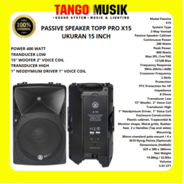 Jual PASSIVE SPEAKER 15 INCH 400 WATT TOPP PRO X15 ORIGINAL (HARGA 1 UNIT) Speaker Pasif 15 Inch ...