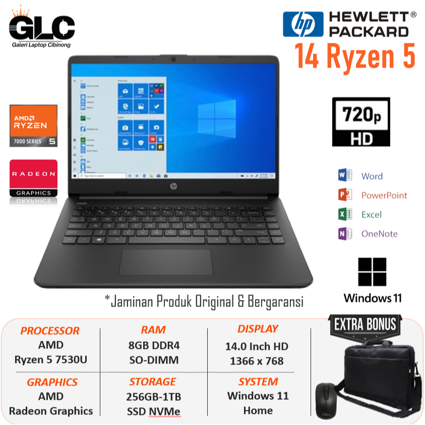Jual Laptop Slim HP 14 AMD Ryzen 5 7530U 16GB DDR4 1TB SSD 15" inch ...