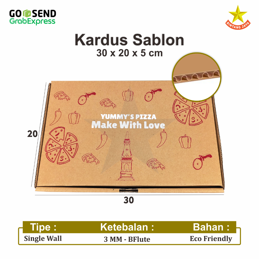 Jual KEMASAN PIZZA/BOX PIZZA UKURAN 30 X 20 X 5 CM MOTIF KARDUS YUMMY'S ...