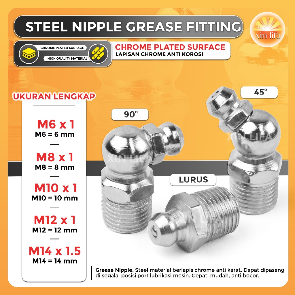 Jual NIPPLE GREASE STEEL CRHOME 6MM 8MM 10MM 12MM NEPEL LURUS/45°/90 ...
