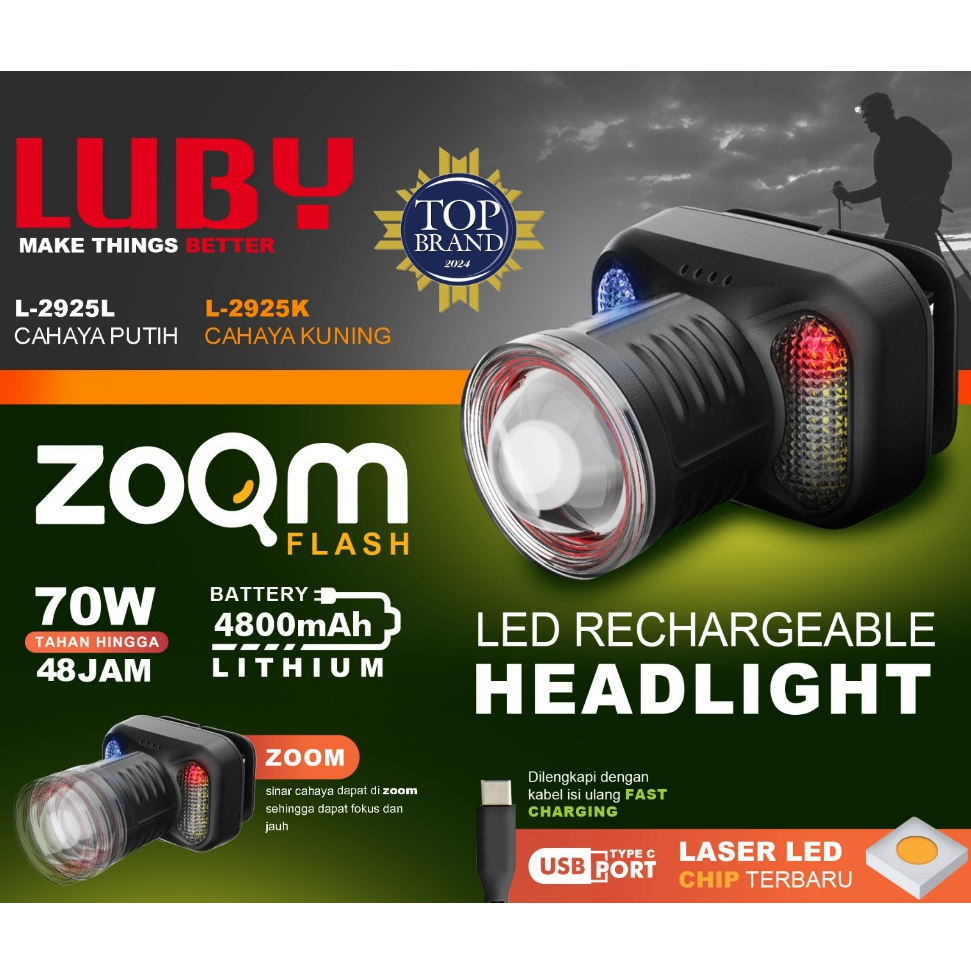 Jual LUBY Senter Kepala ZOOM L-2925L Laser LED 70 Watt Cahaya Maksimal Plus RechargePro 3 Mode ...