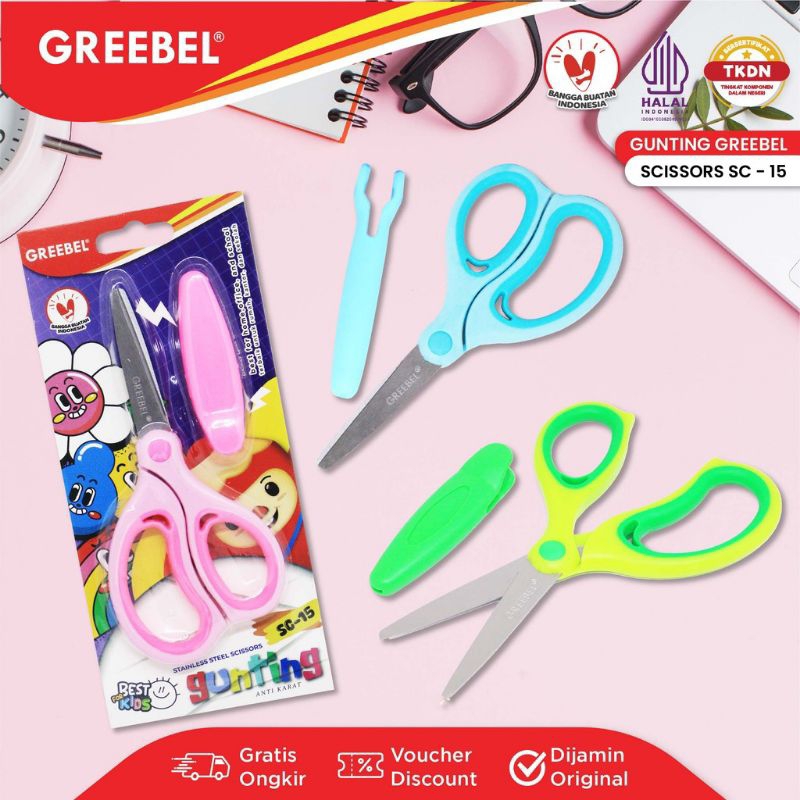 Jual GREEBEL SC15 STAINLESS STEEL KIDS SCISSOR WITH CAP GUNTING ANAK ...