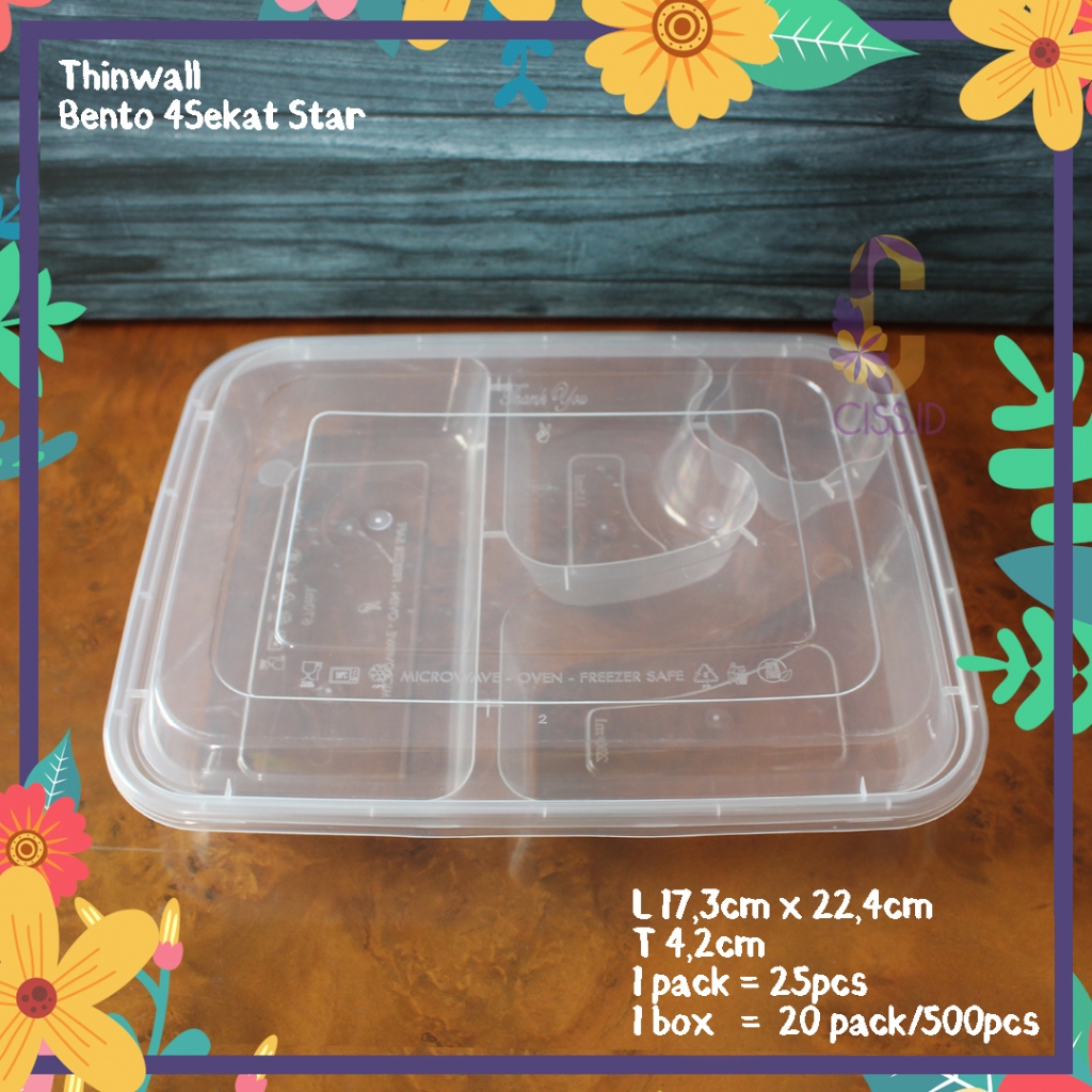 Jual thinwall bento 4 sekat star 1 pack isi 25pcs kemasan makanan ...