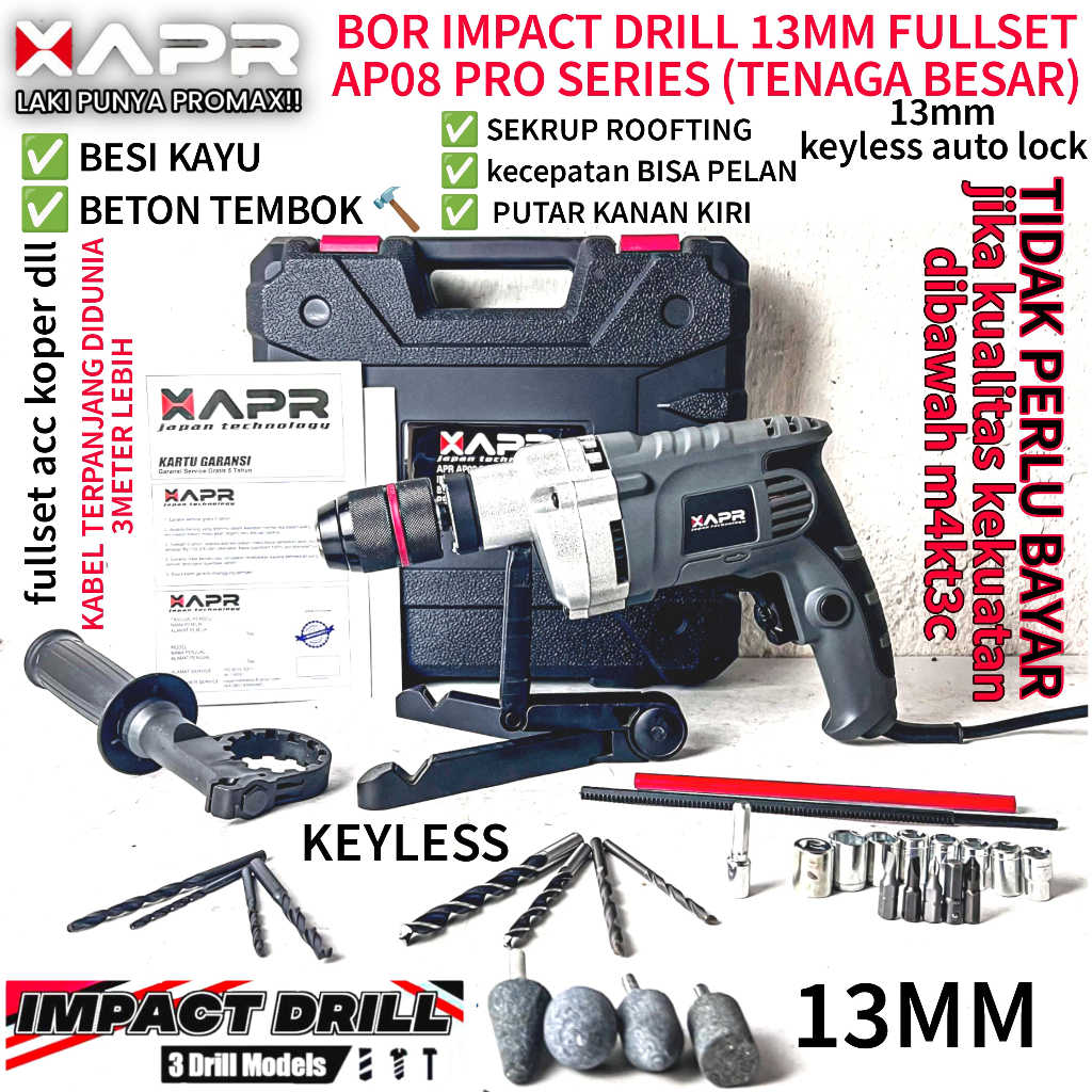 Jual Raja bor impact drill 13mm APR ap08 pro series beton besi kayu ...