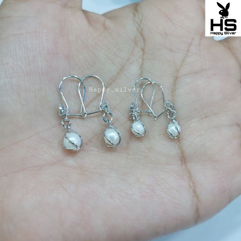 Jual Anting Perak Asli Silver 925 Lapis Emas Putih Model Kait Gantungan Mutiara Sangkar Permata ...