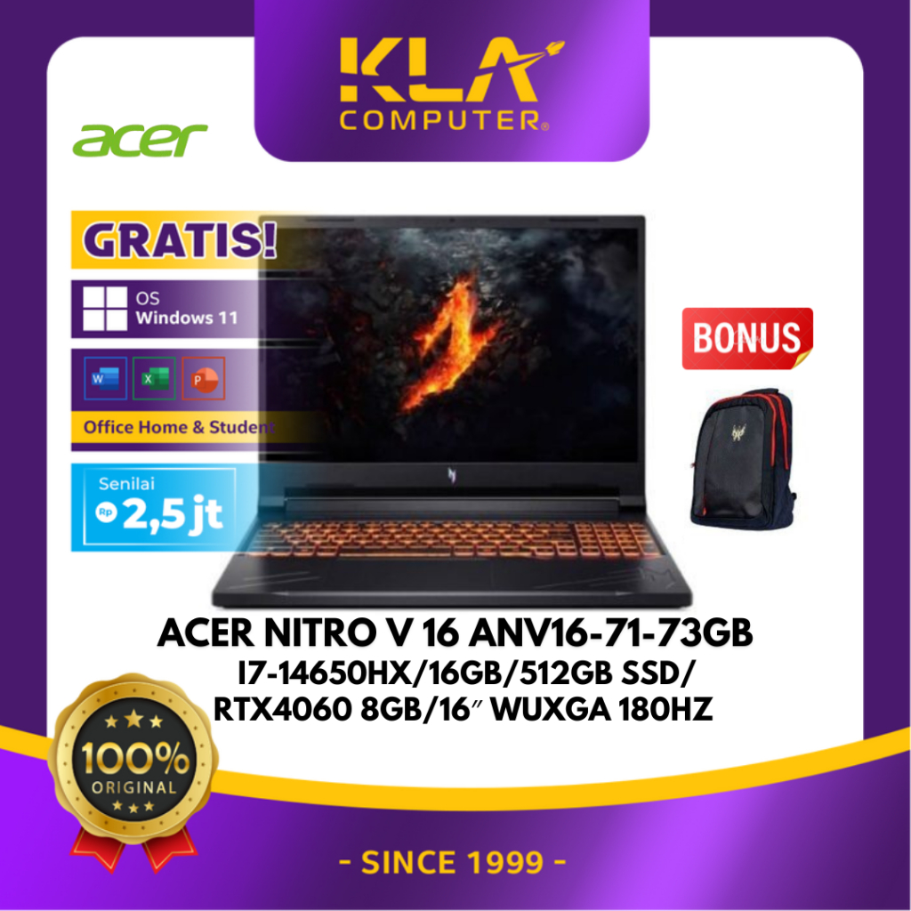 Jual Acer Nitro V 16 ANV16-71-73GB/Core i7-14650HX/16GB/512GB SSD/RTX4060 8GB/16″ WUXGA 180Hz ...