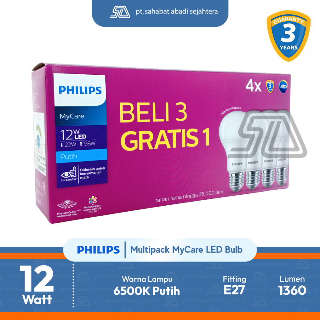 Jual Lampu Philips Multipack LEDBulb 12W E27 A60 MyCare Isi 4 Putih ...