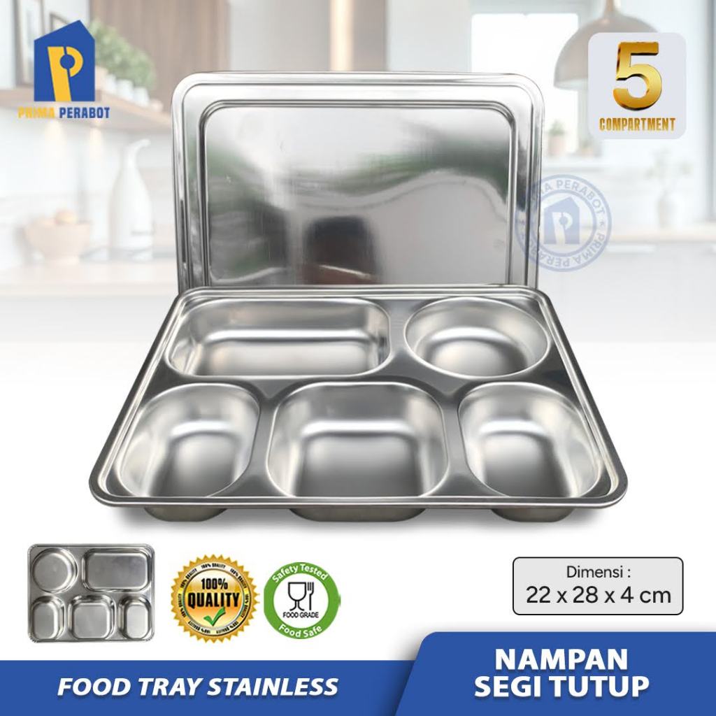 Jual Food Tray Stainless 5 Sekat Kotak Makan Nampan Tutup Stainless ...