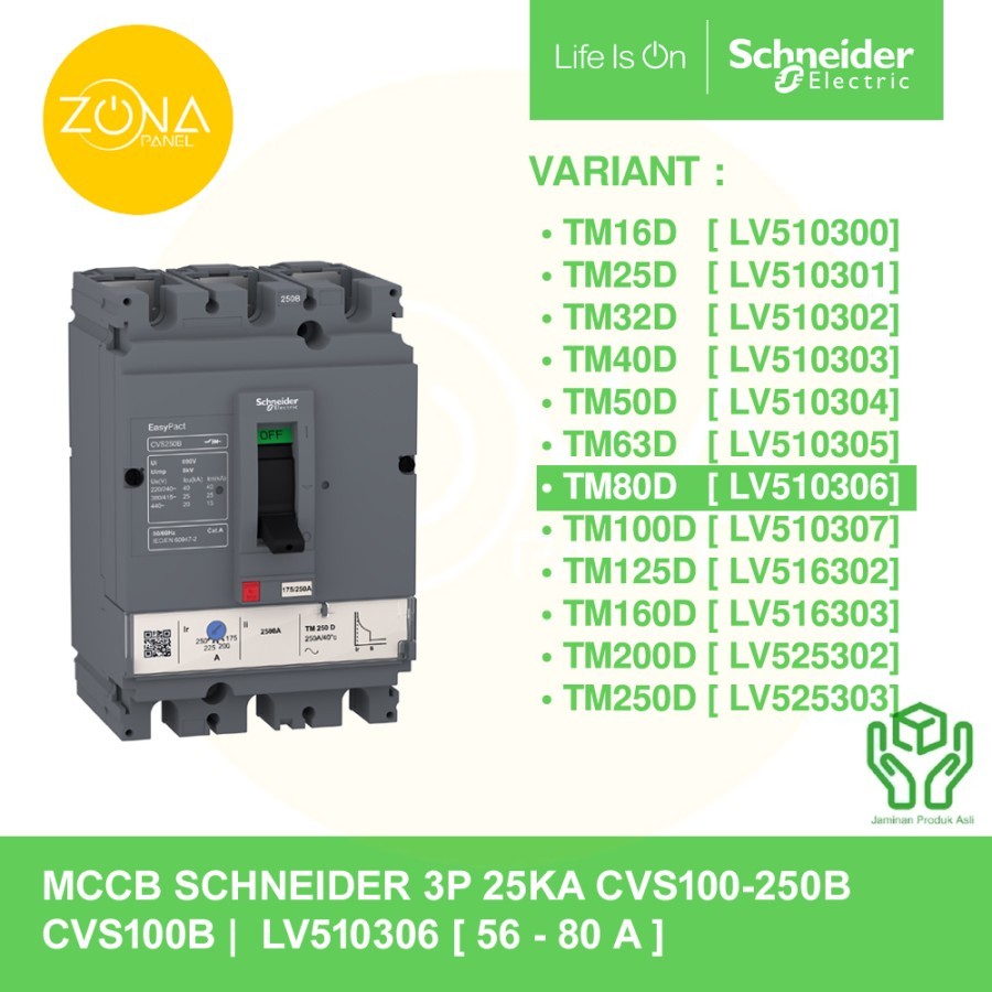 Jual MCCB SCHNEIDER EASYPACT CVS100B 3P 80A 25KA TMD TM80D LV510306 | Shopee Indonesia