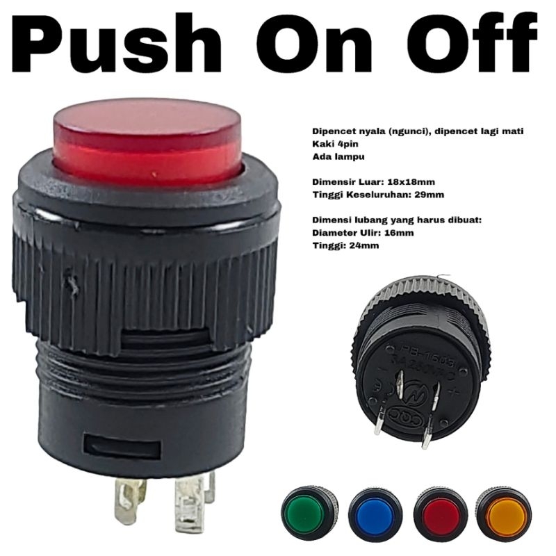 Jual Saklar Push On Off Bulat 4 Pin Lampu Switch 4pin Tombol 4 Kaki ...