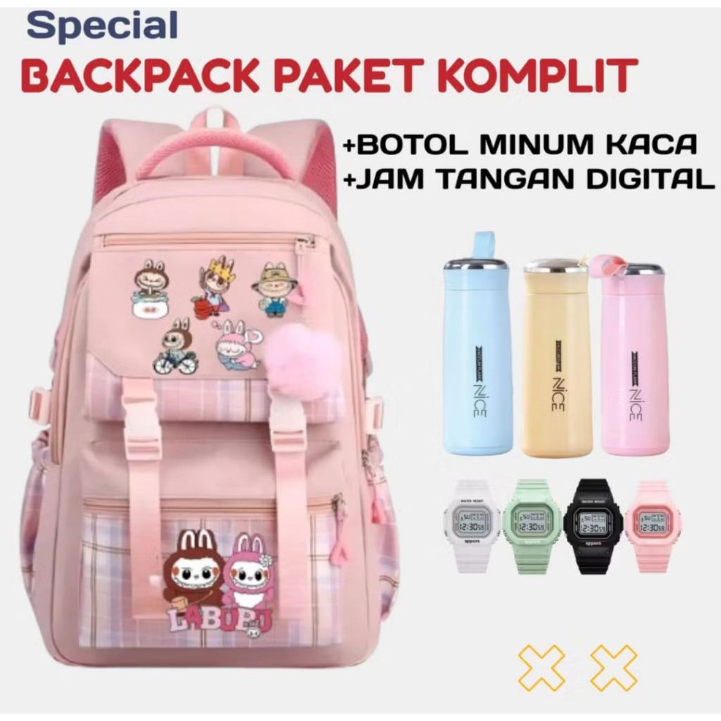 Jual Tas Ransel Anak Perempuan LABUBU Bags Tas Sekolah Anak SD Free Botol Minum Jam Impor ...