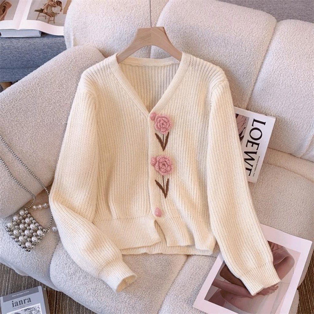 Jual Cardigan Rajut Knitwear Rose Bunga Mawar Timbul Kancing Love ...
