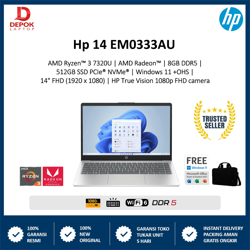 Jual LAPTOP Hp 14 EM0333AU Ryzen 3 7320U 8GB DDR5 512GB SSD Windows 11 ...