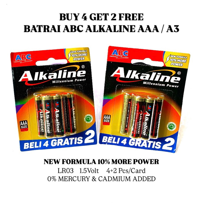 Jual BUY 4 GET 2 BATRAI ABC ALKALINE SIZE AAA/A3 MILLENIUM POWER || 10% ...