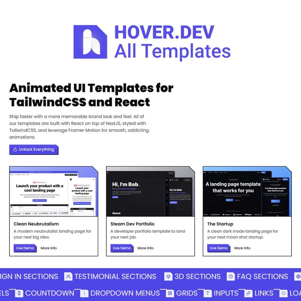 Jual HoverDev - Template Animated UI TailwindCSS & React Update Lengkap | Shopee Indonesia