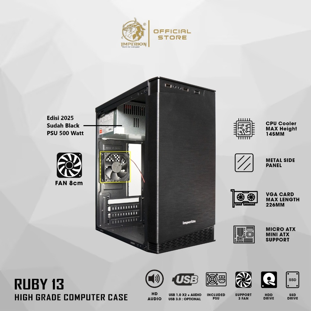 Jual Imperion Ruby13 PC Case M-ATX include Black PSU 500 Watt + Rear Black Fan | Shopee Indonesia