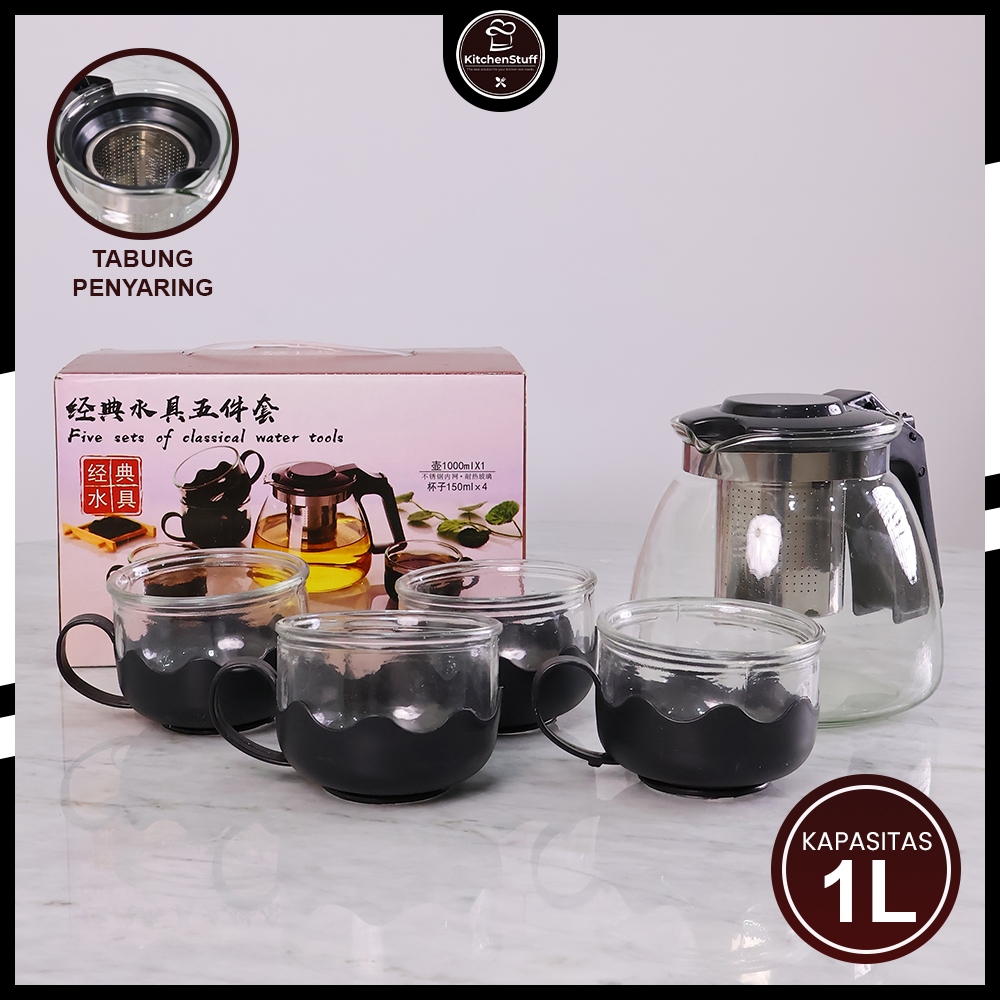 Jual Tea Pot Set 5 in 1 Teko Set Cangkir Kaca Gelas Cantik Model Klasik ...