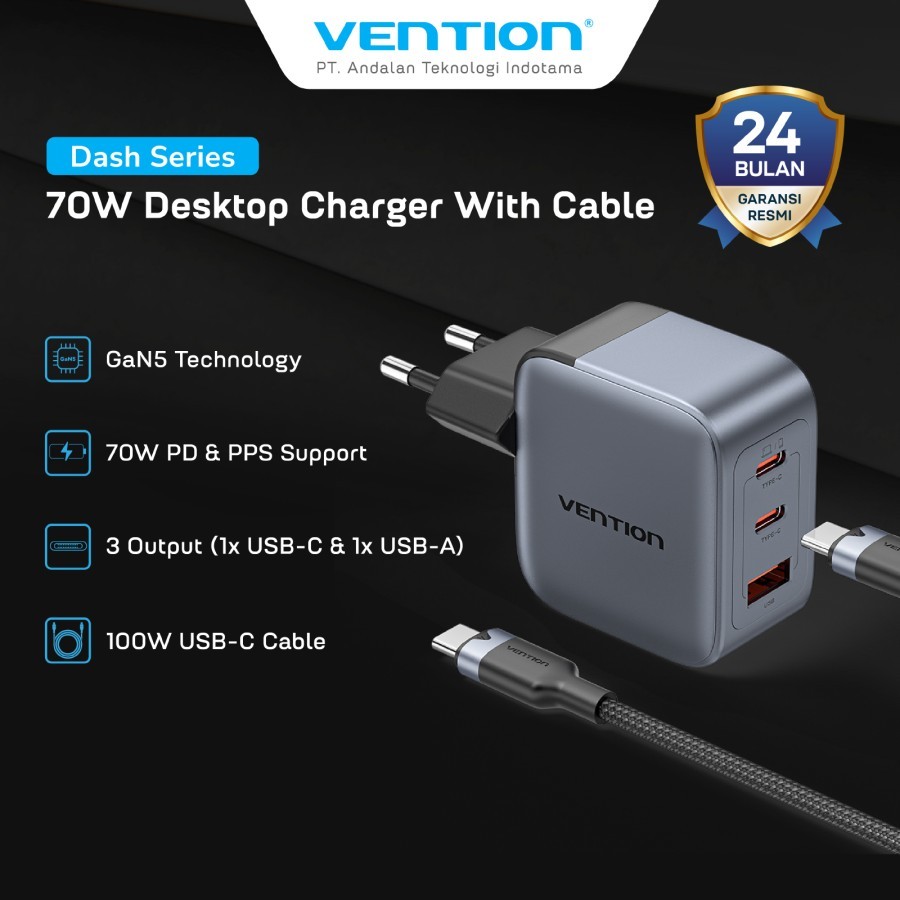 Jual Vention GaN5 Dash Series Charger 3 Port USB (2C+A) 70W PD PPS With ...