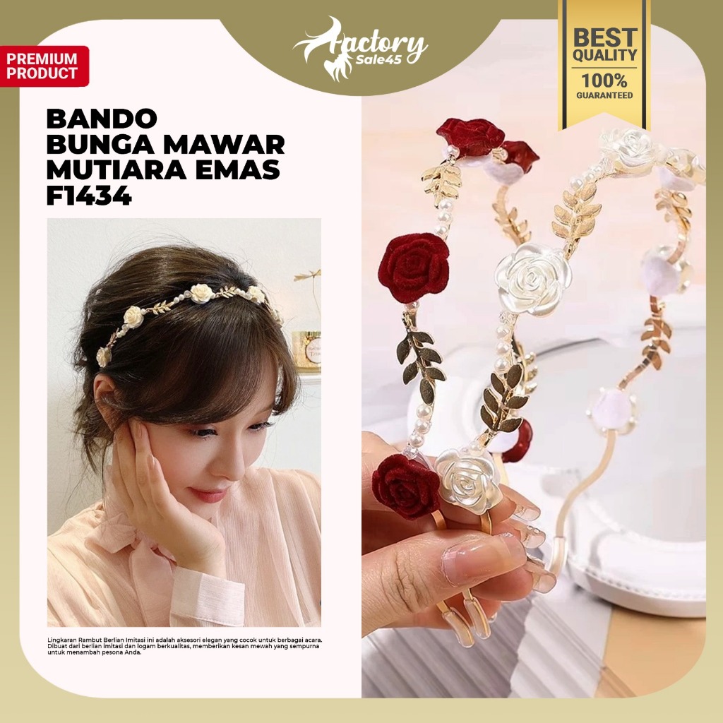 Jual Bando Bandana Bunga Mawar Mutiara Emas Dewasa Fashion Korea F1434 ...