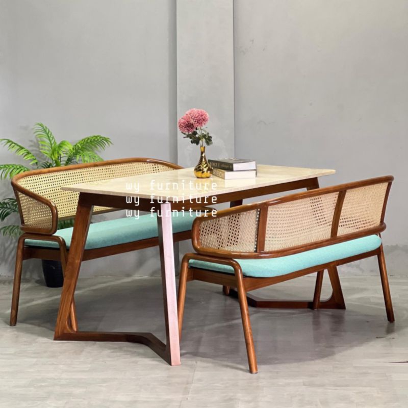 Jual Dining set top marmer minimalis kayu jati kombinasi kursi rotan cusion, meja makan ...