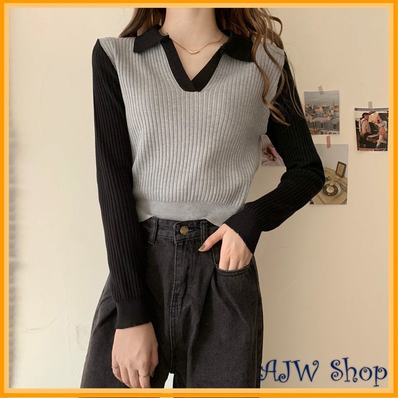 Jual AJW Atasan Rajut Import Wanita Kerah Polo Model Korean Style Kekinian XAY | Baju Atasan ...