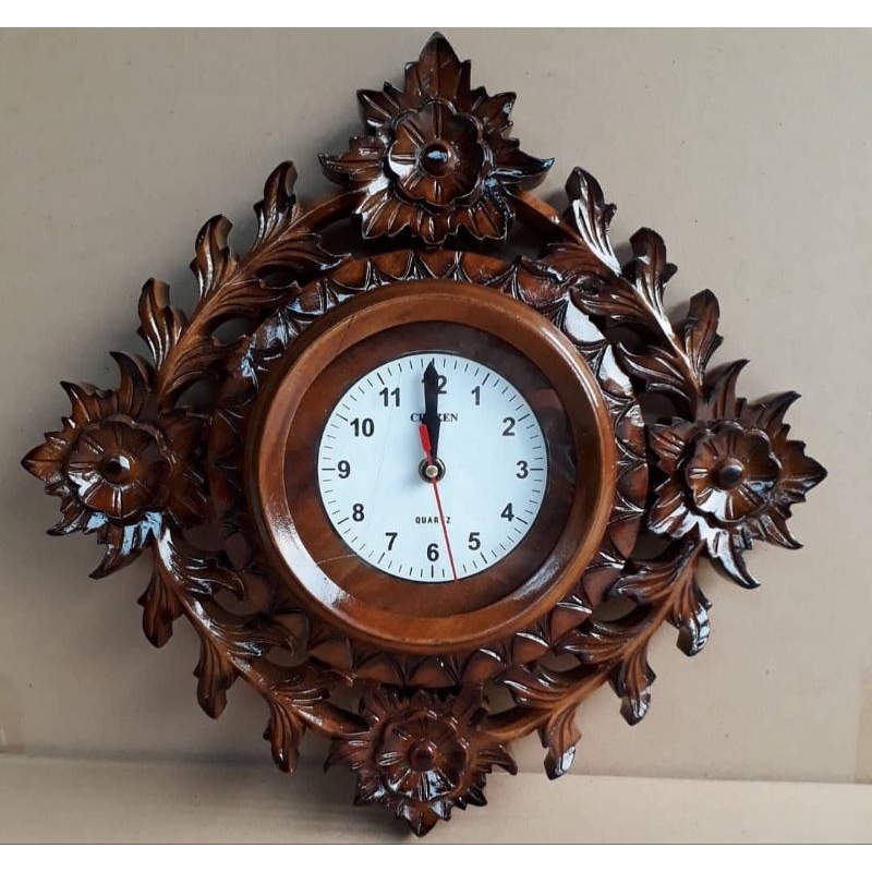 Jual Jam Dinding Ukiran Kayu Jati Diagonal 40cm | Shopee Indonesia