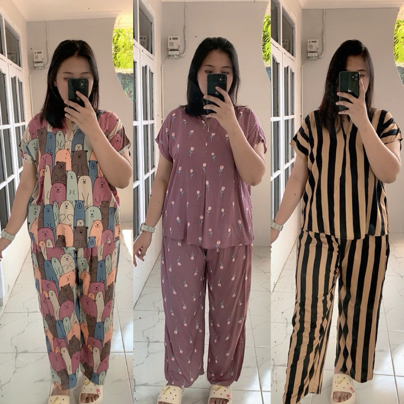Jual one set setelan rayon jumbo | Pajamas rayon premium | Baju setelan wanita | Baju tidur ...
