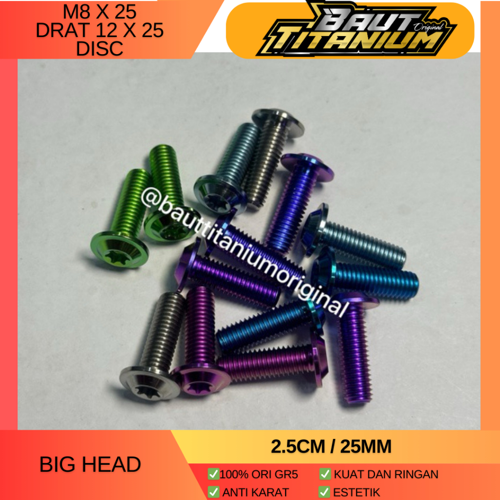 Jual Baut Titanium disc m8x25 Drat 12 x 25 Big Head | Shopee Indonesia