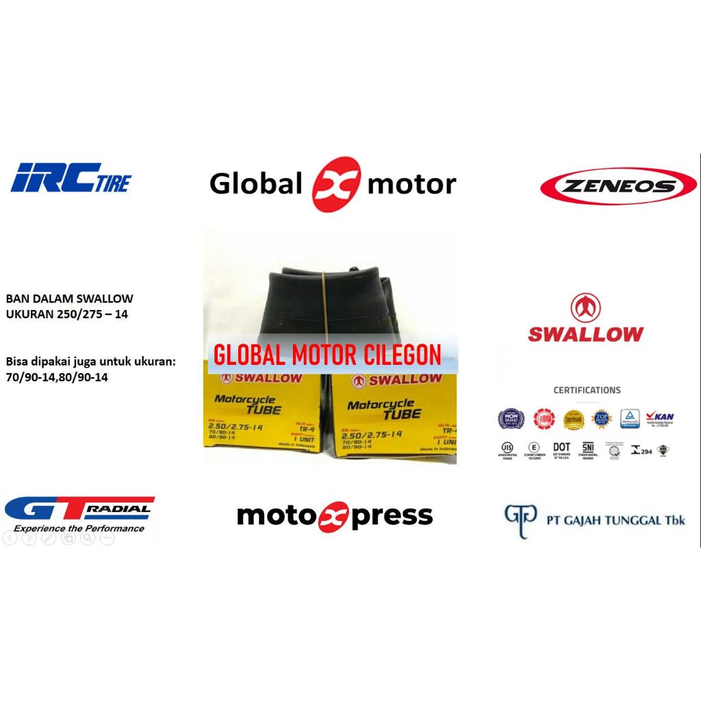 Jual GLOBAL CLG - BAN DALAM SWALLOW ukuran 250/275 14 70/90-14 80/90-14 ...