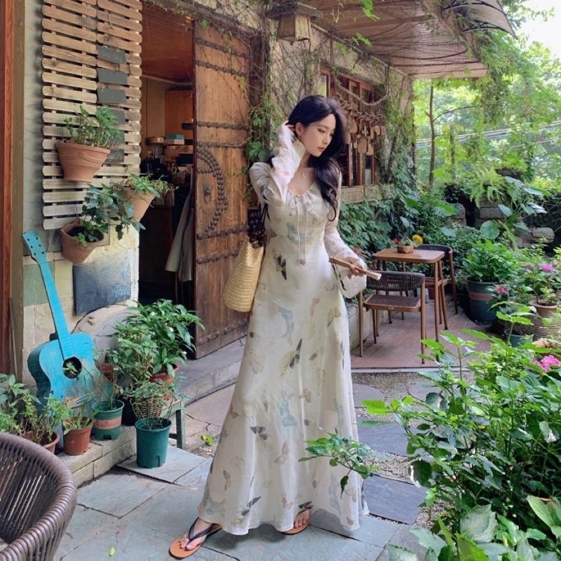 Jual Dress V Neck Dress Bunga Dress Panjang Long Sleeve M684 | Shopee ...