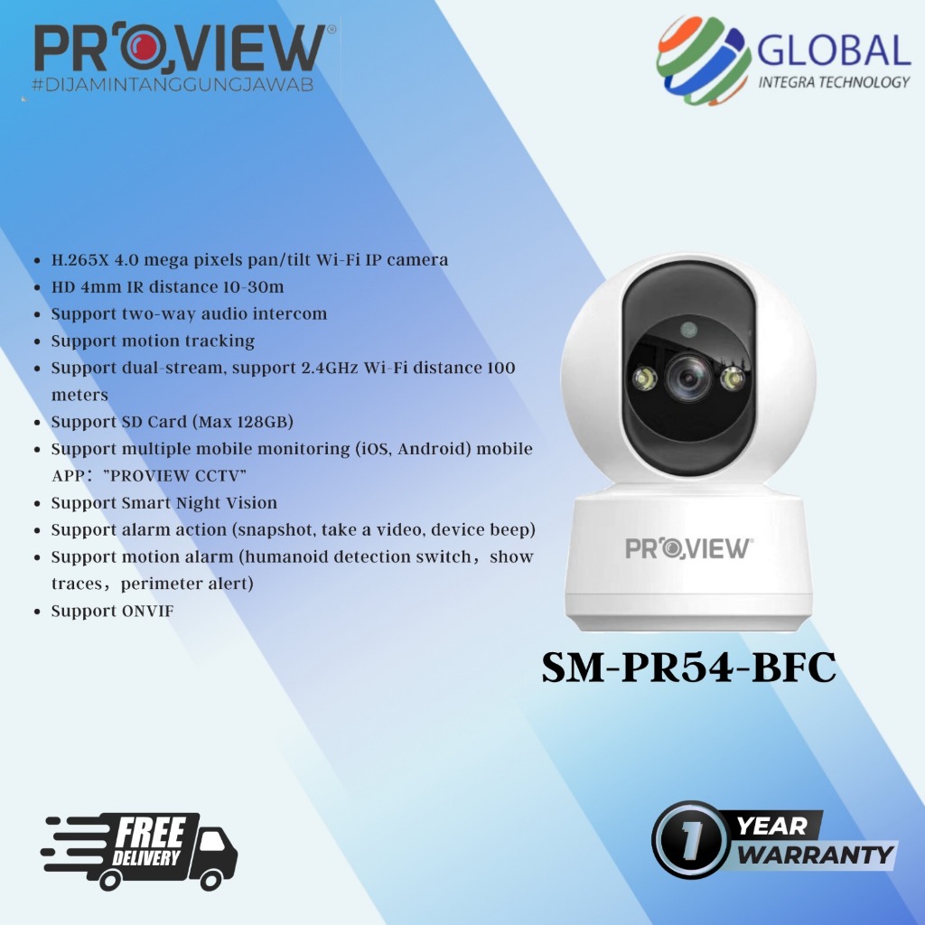 Jual SM-PR54-BFC Wireless IP CCTV 4MP Proview Indoor PTZ Camera Night ...