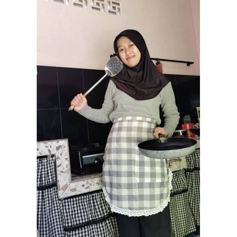 Jual apron celemek setengah badan motif kotak besar renda | Shopee ...