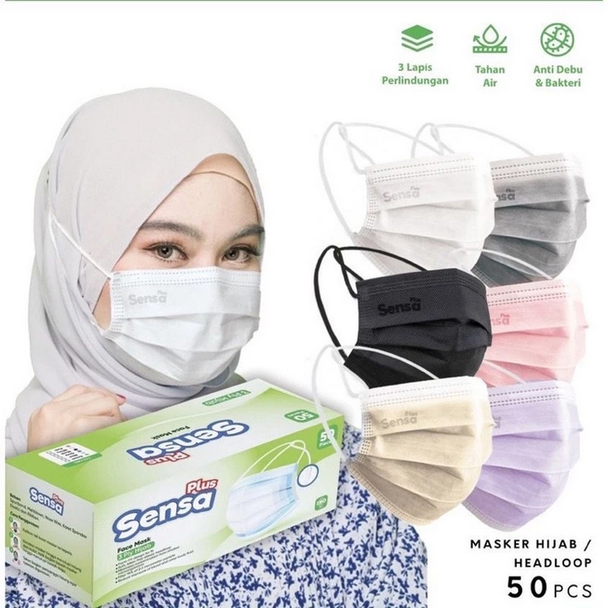Jual MASKER 3PLY HEADLOOP EARLOOP / HIJAB SENSA ORIE ADA EMBOS 1BOX ISI ...