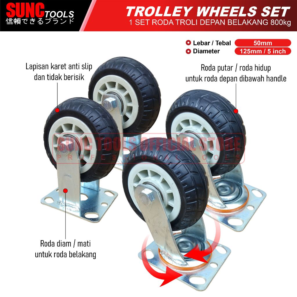 Jual SUNC TOOLS Ban Troly Roda Troli 5 inci 800kg 1 Set Heavy Duty Roda ...