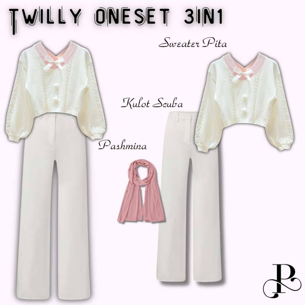 Jual Oneset Korean Style Oneset Wanita Kekinian 3in1(Sweater+Celana Scuba Putih+Pashmina Ceruty ...