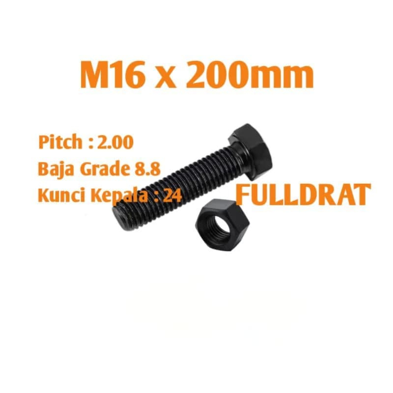 Jual Mur Baut Baja 8.8 M16 x 200 Full Drat - Baut Kepala Hex Baja M16 x 200 Full Drat Grade 8.8 ...
