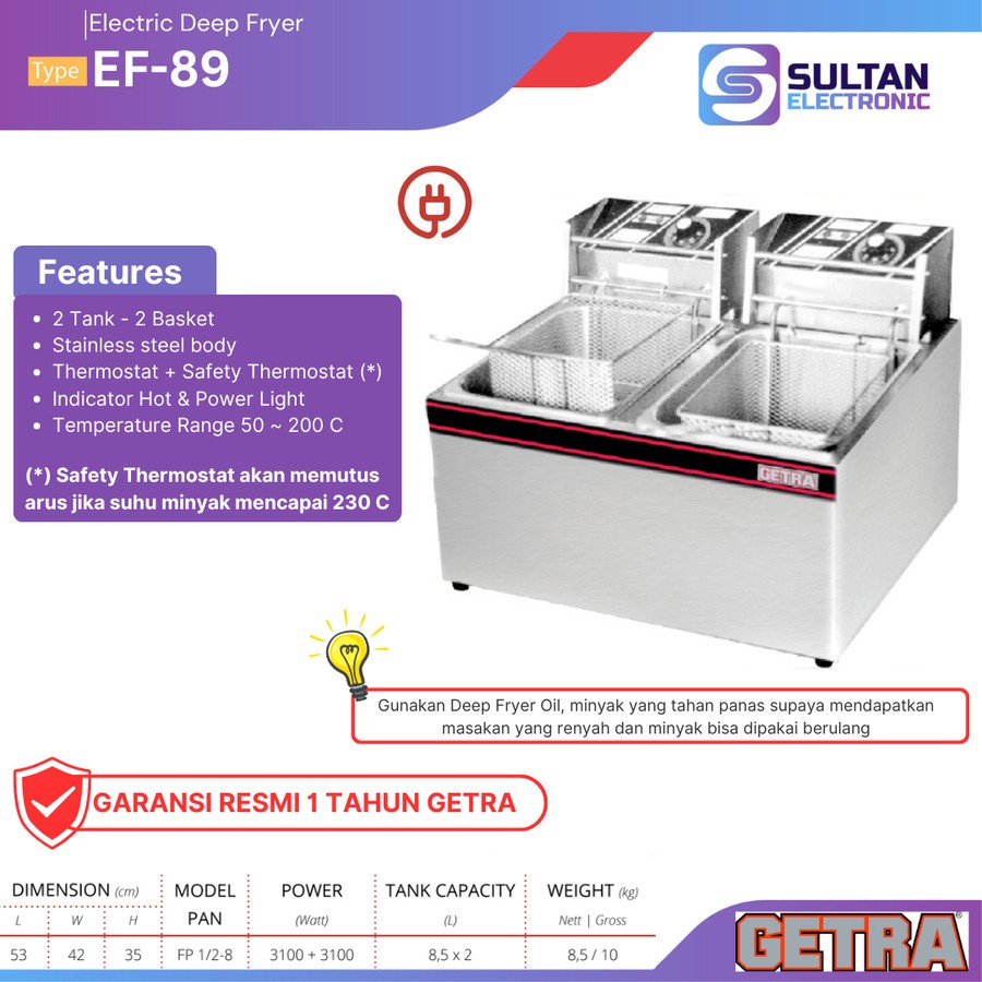 Jual GETRA Electric Deep Fryer EF-89 / EF 89 / EF89 / Penggorengan Listrik Kapasitas 8,5 Liter 2 ...