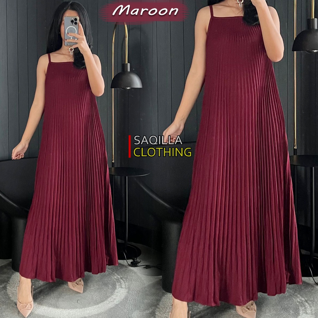 Jual Inner Maxi Dress Plisket Mayung Tali / Dress Panjang Polos Plisket ...