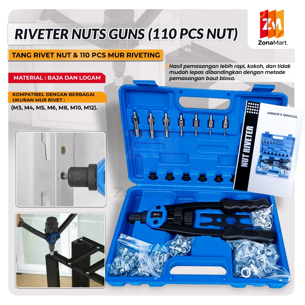 Jual Riveter Nuts Guns With Nut 110 Pcs Tang Rivet Nut Ukuran Ring ...